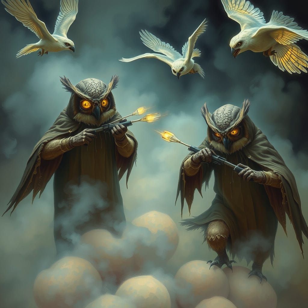 Surreal Owl Warriors Summon Phantom Birds in Noctu... - AI Art