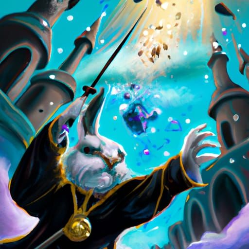 Warlock bunny with a magic wand attacking a castle with rage :: rays ...