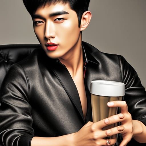 A beautiful Korean actor guy sitting on a black luxury sofa and ...