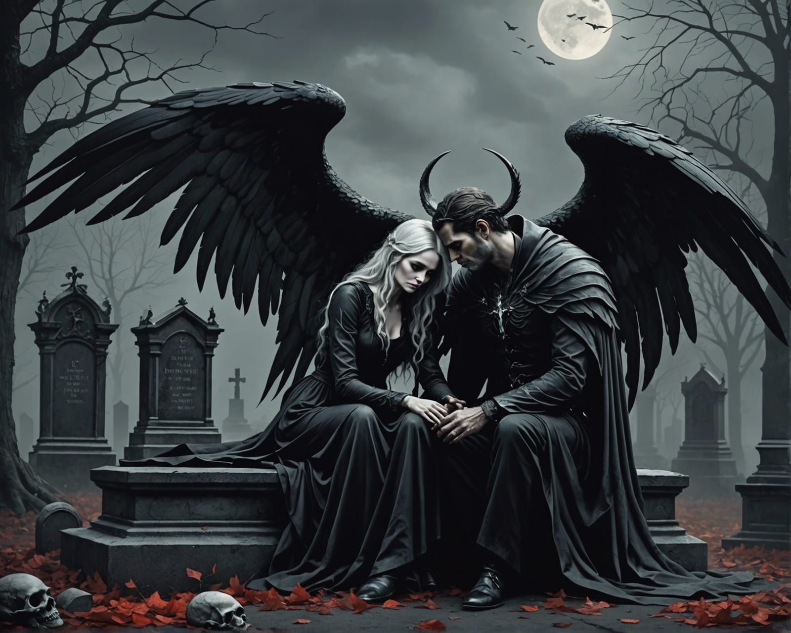 Lucifer as the Fallen Angel giving wisdom to the grieving Gothic woman ...
