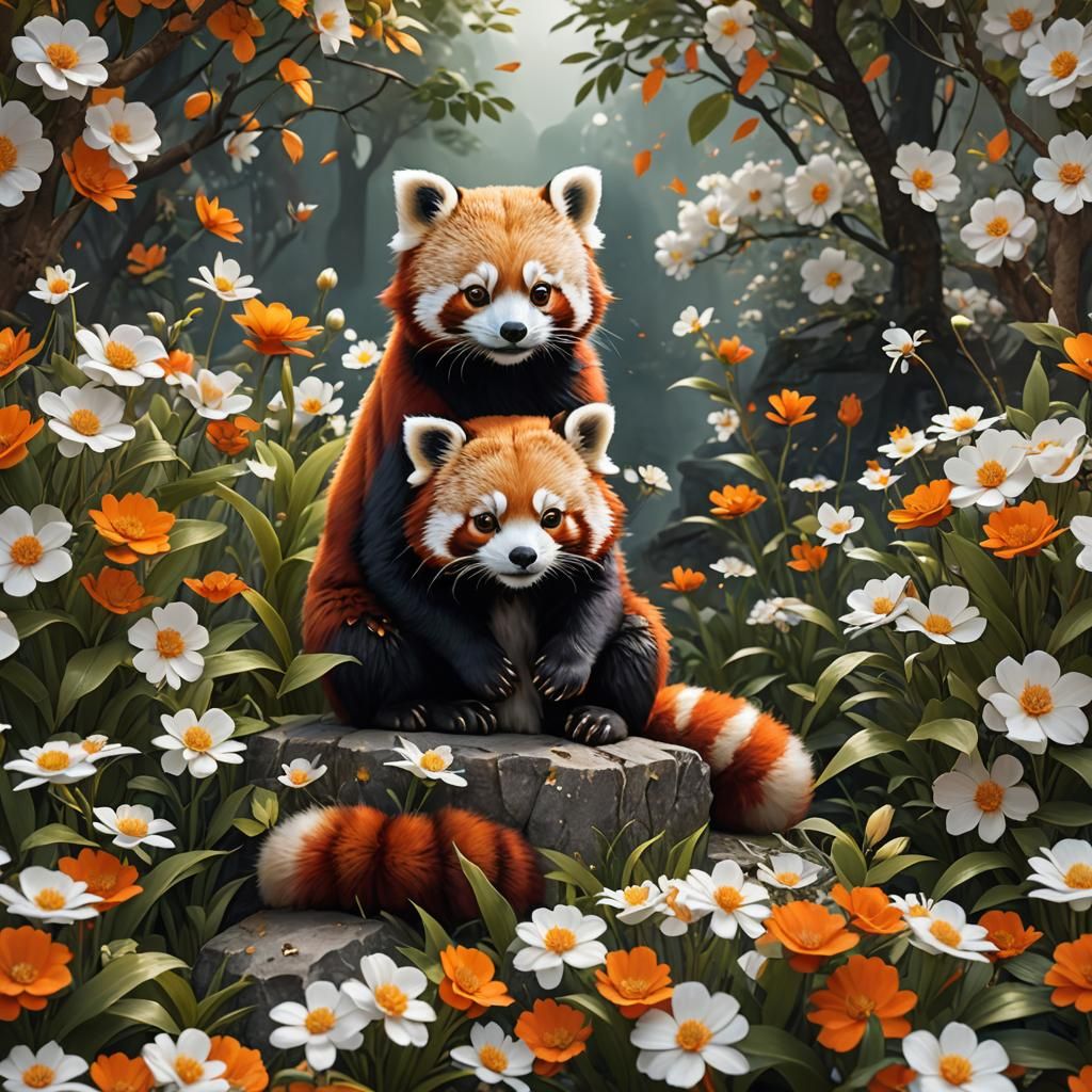 Little red panda sitting between orange and white flowers - AI ...
