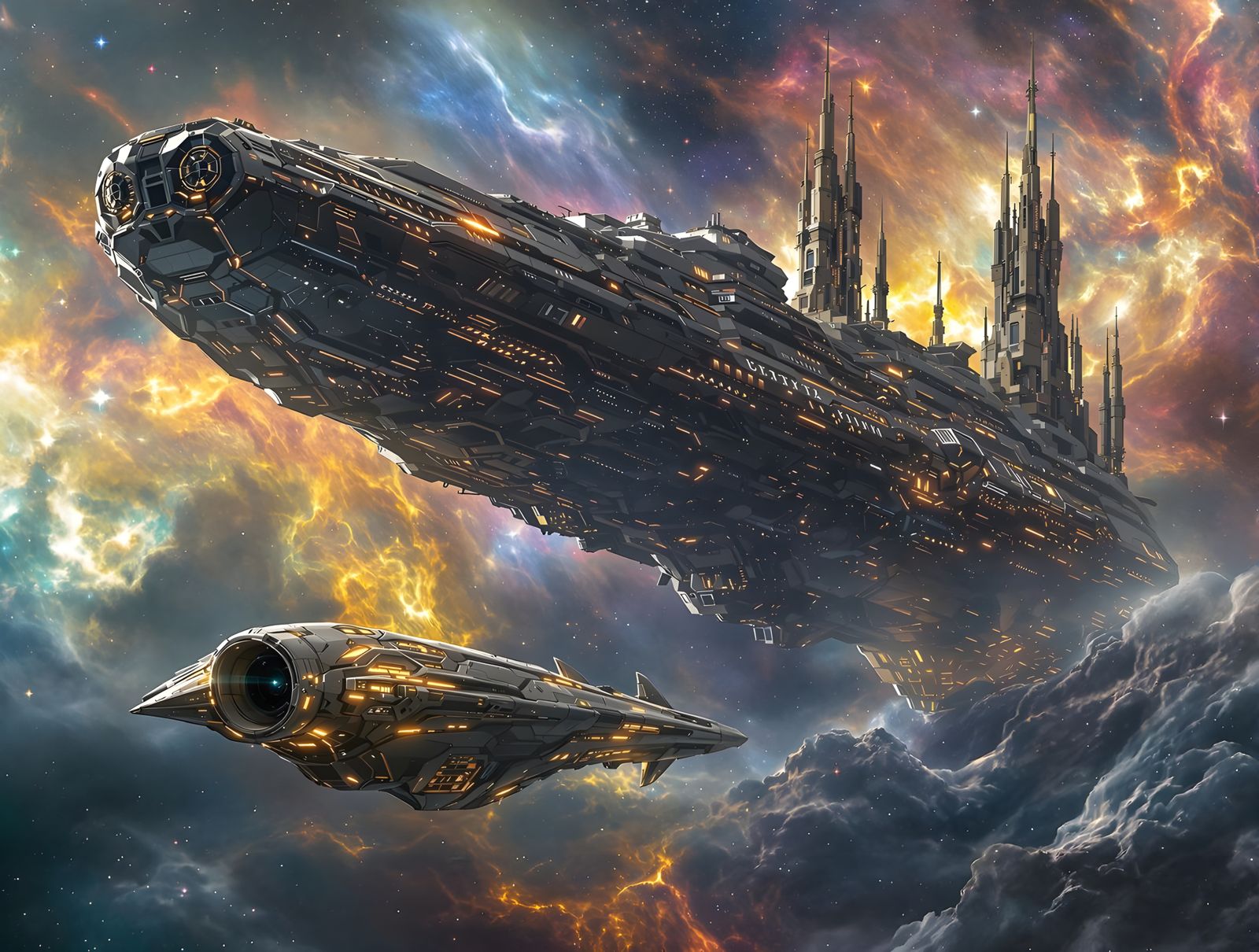 Photorealistic picture of a human spaceship in front of an alien ...