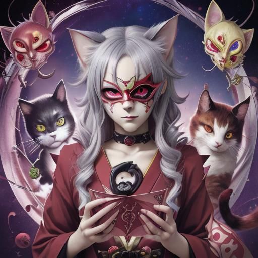 trickster, crimson, cards, mask, cat eyes - AI Generated Artwork ...