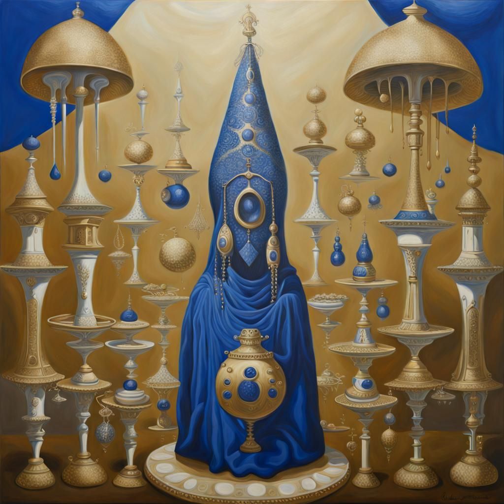 A detailed, surreal oil painting of "Prulf­tusij irj­fum dom­blelp hum ...