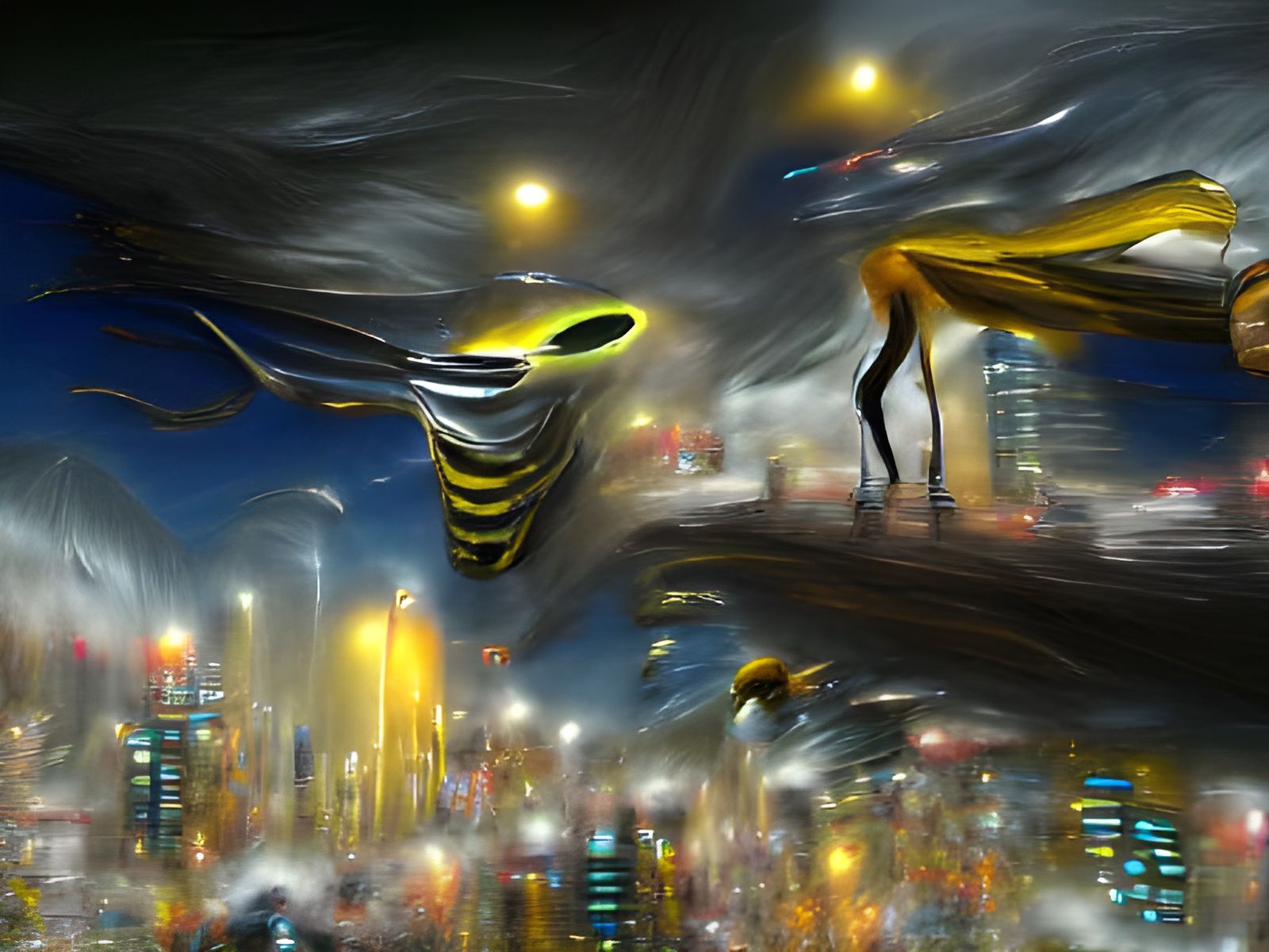 female bee-like creature flying above the crowd of human-like aliens on ...