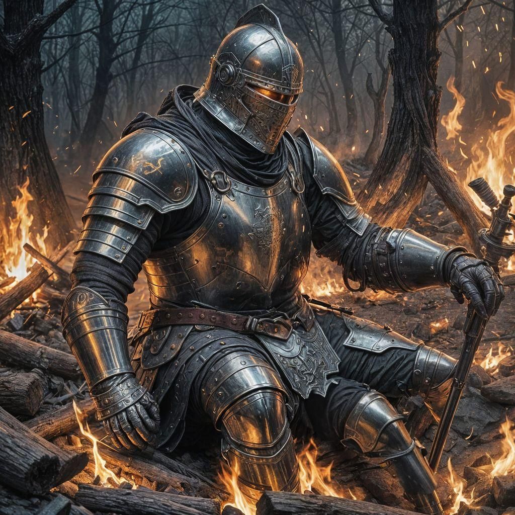 A knight in armour resting at a campfire during ni... - AI Art