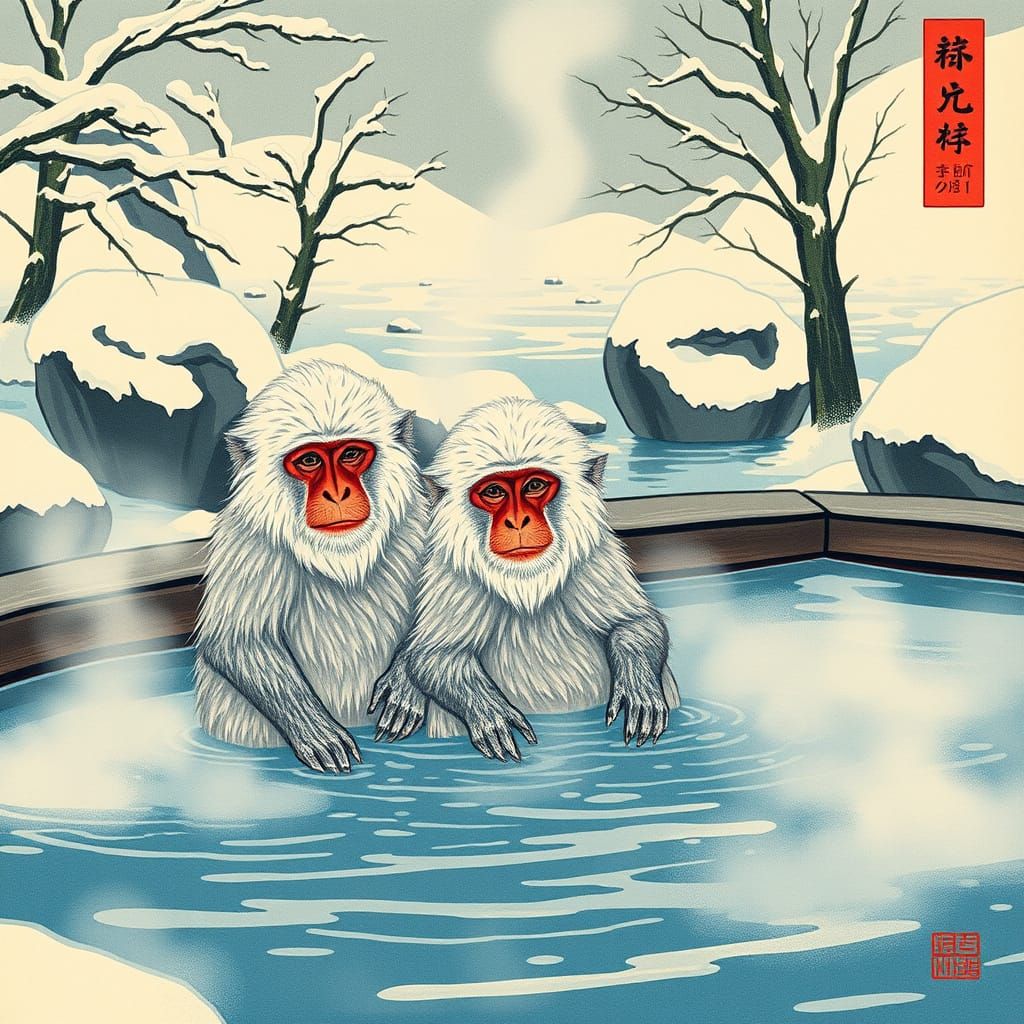 Snow monkeys relaxing in a natural hot spring onsen. Frosted fur, white ...