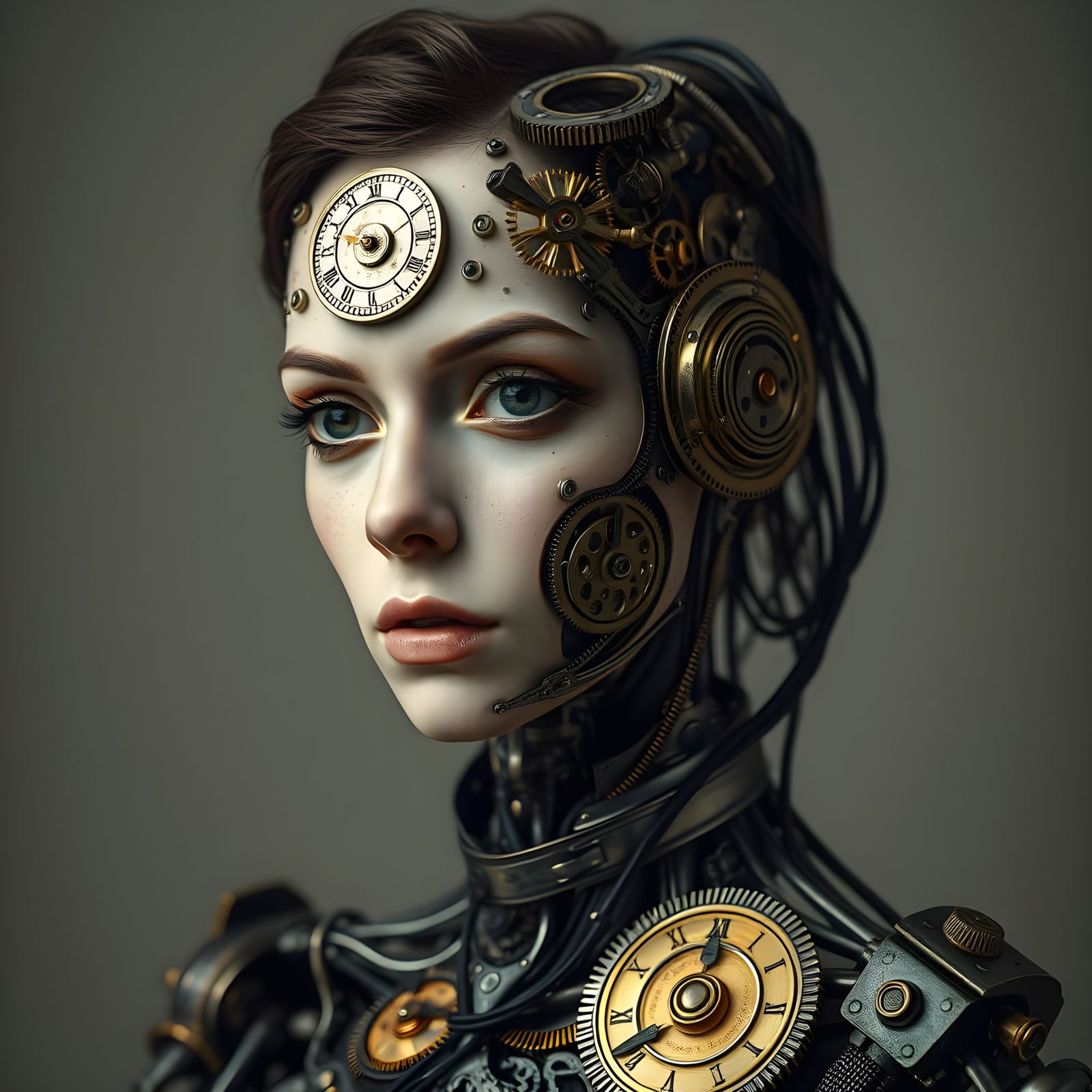 A portrait of a cyborg with exposed mechanical parts