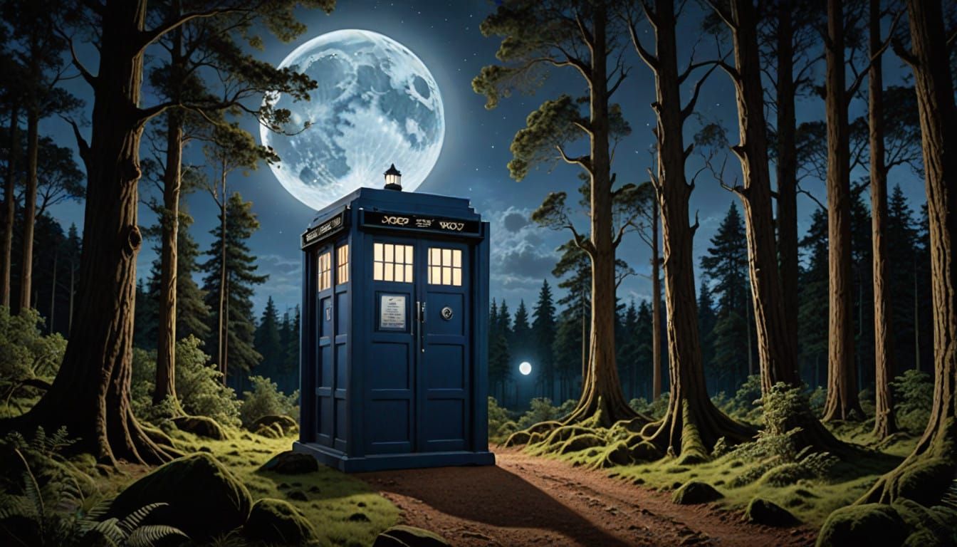 Timeless TARDIS Under Starry Moonlight - AI Art