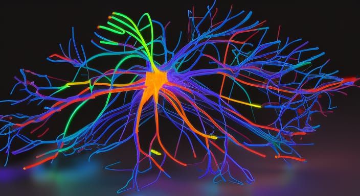 A 3-d visualization of a neuron filled with bioluminicent neon glow ...