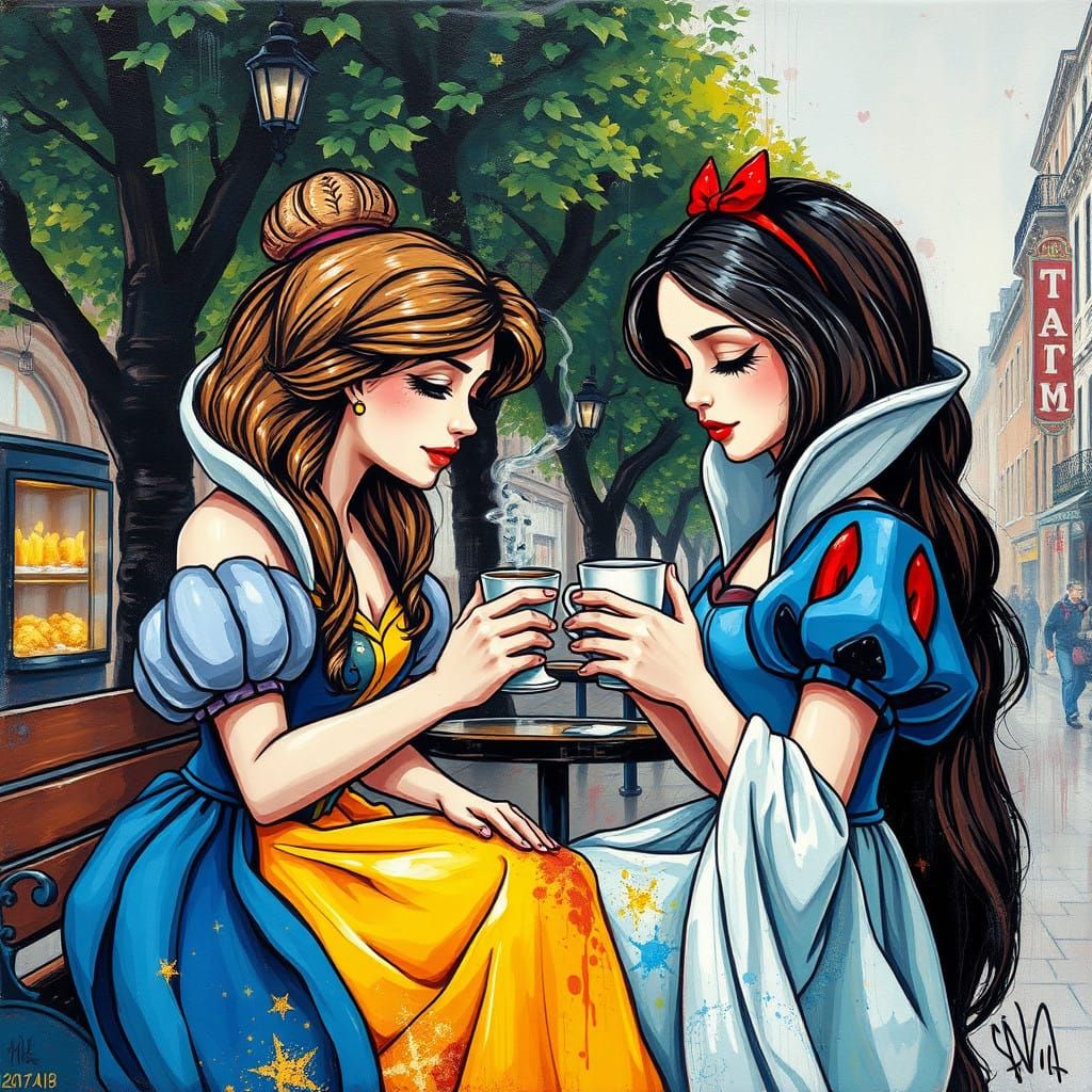 Sleeping Beauty and Snow White drinking espresso together on tree lined ...