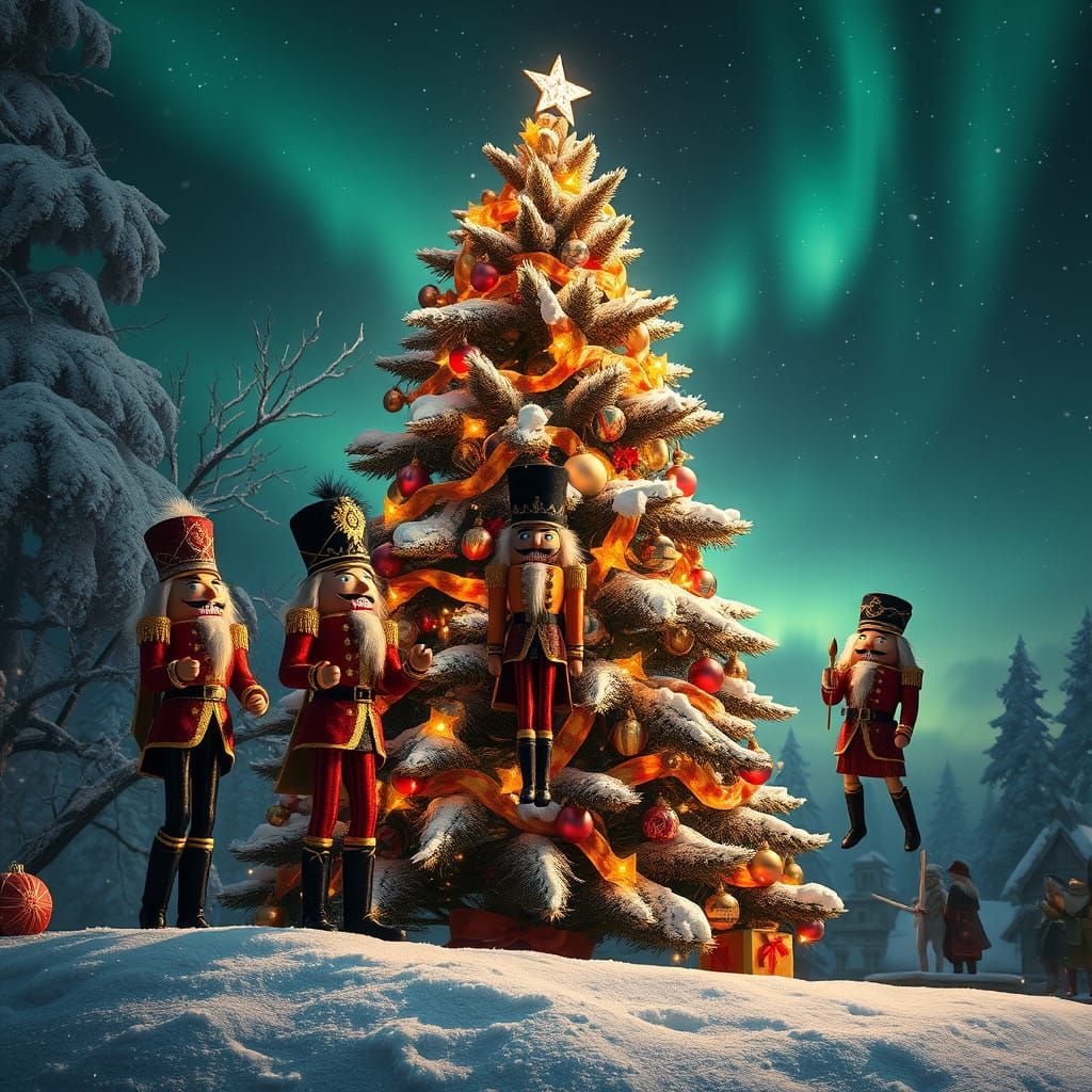 Majestic Nutcrackers Dance Around a Snowy Christma... - AI Art