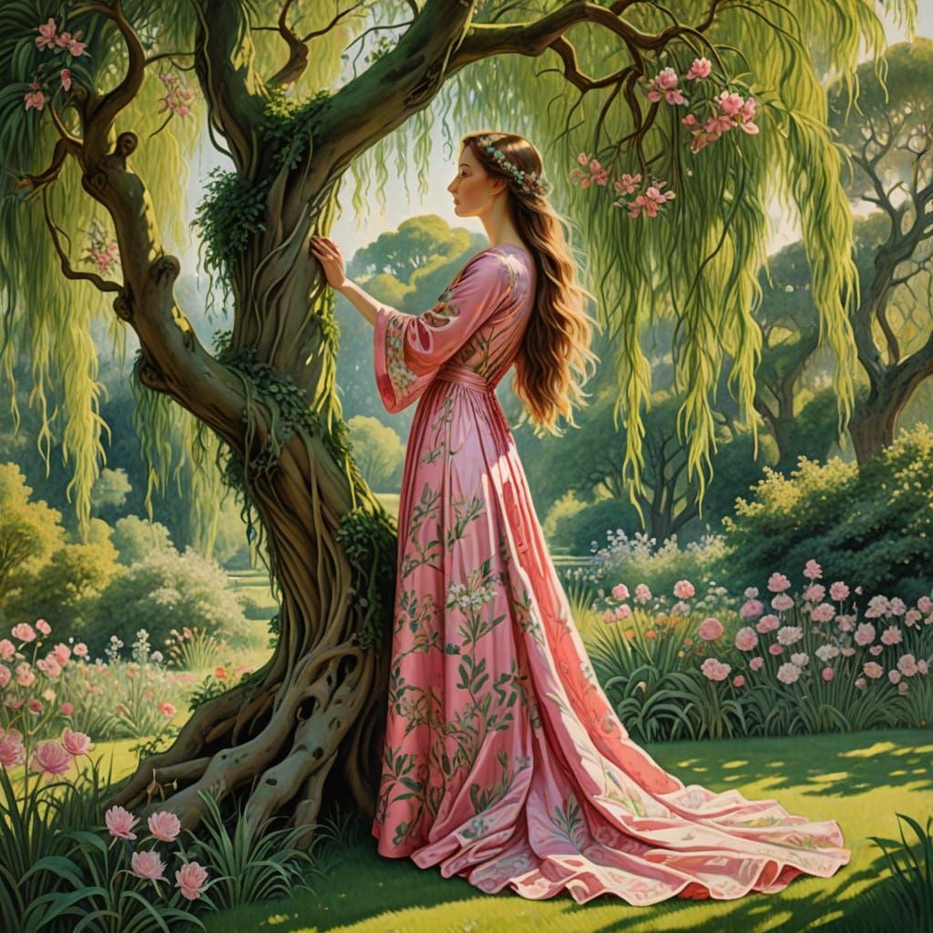 Glowing Pink Beauty Embracing Majestic Weeping Wil... - AI Art