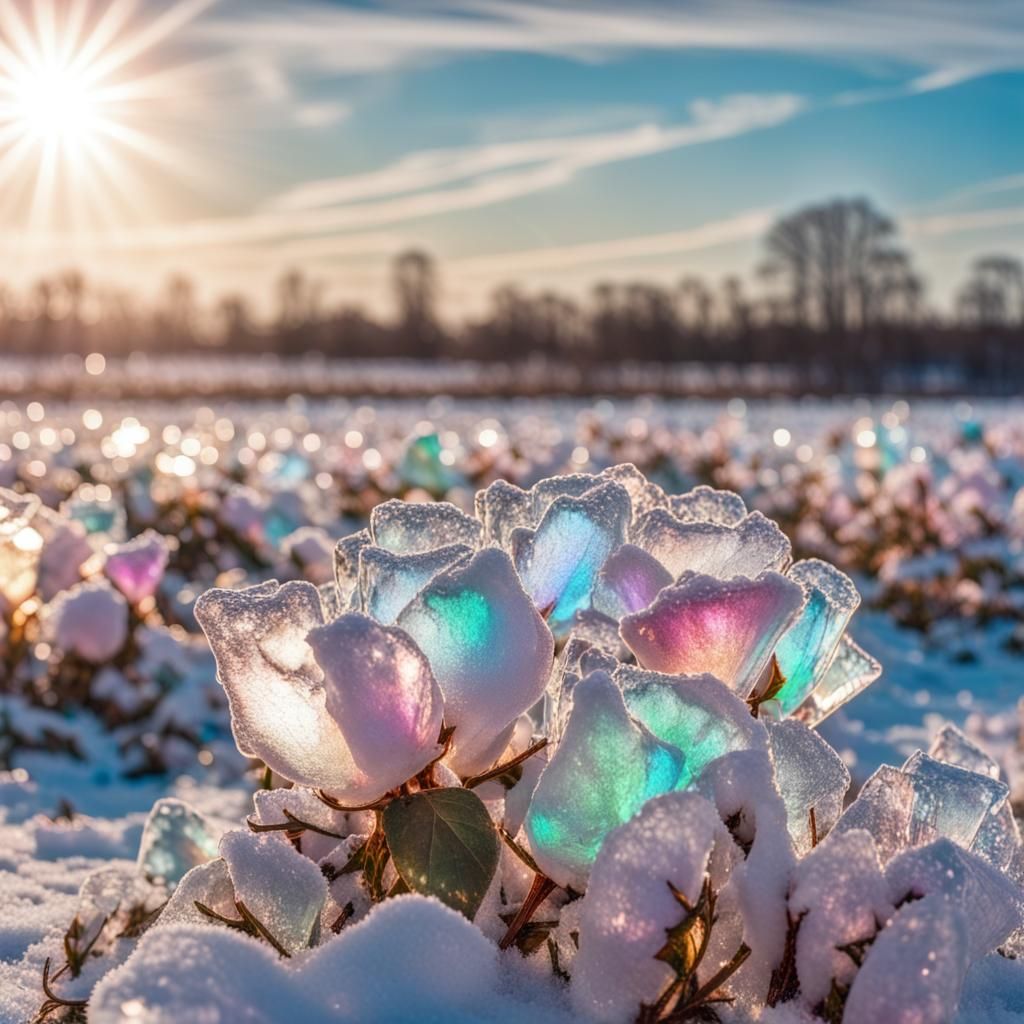 wide shot of a field of ice roses on a bright winter day, Broken Glass ...