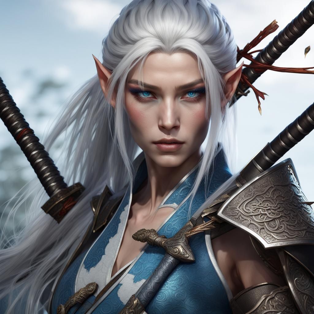elf woman, samurai, with white hair and blue eyes, curvy, two katanas ...