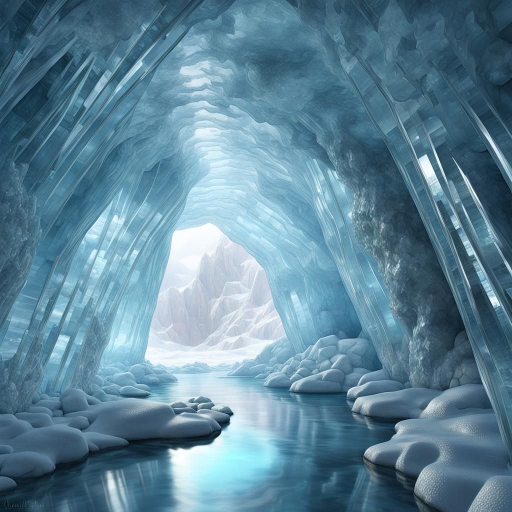 interior of a clear transparent ice cave with walls, floor and ceiling ...