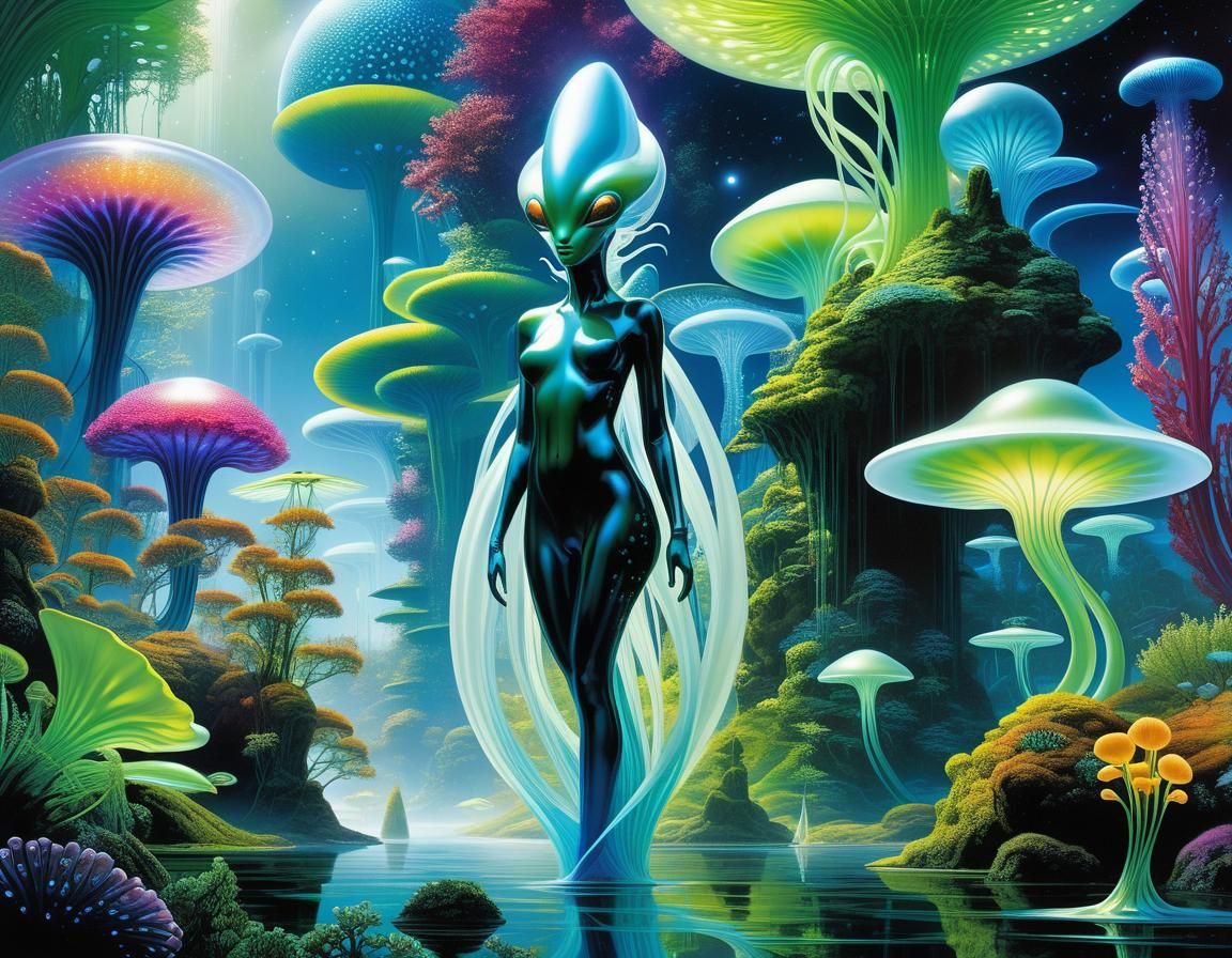 (Utopian Landscape:1.9): (Full body head to toe painting 1.8) of a Stunningly beautiful ethereal ...