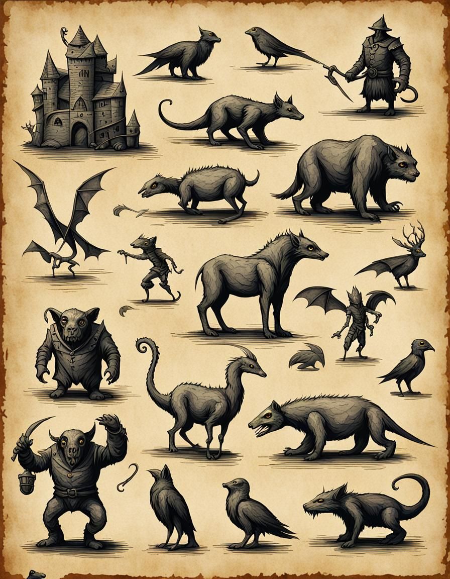 medieval old paper texture with few little fantasy creature schemes ...