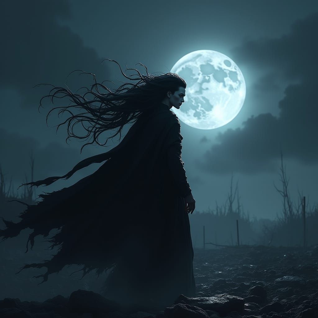 Dark Fantasy Vampire Stands on Battle Field at Nig... - AI Art