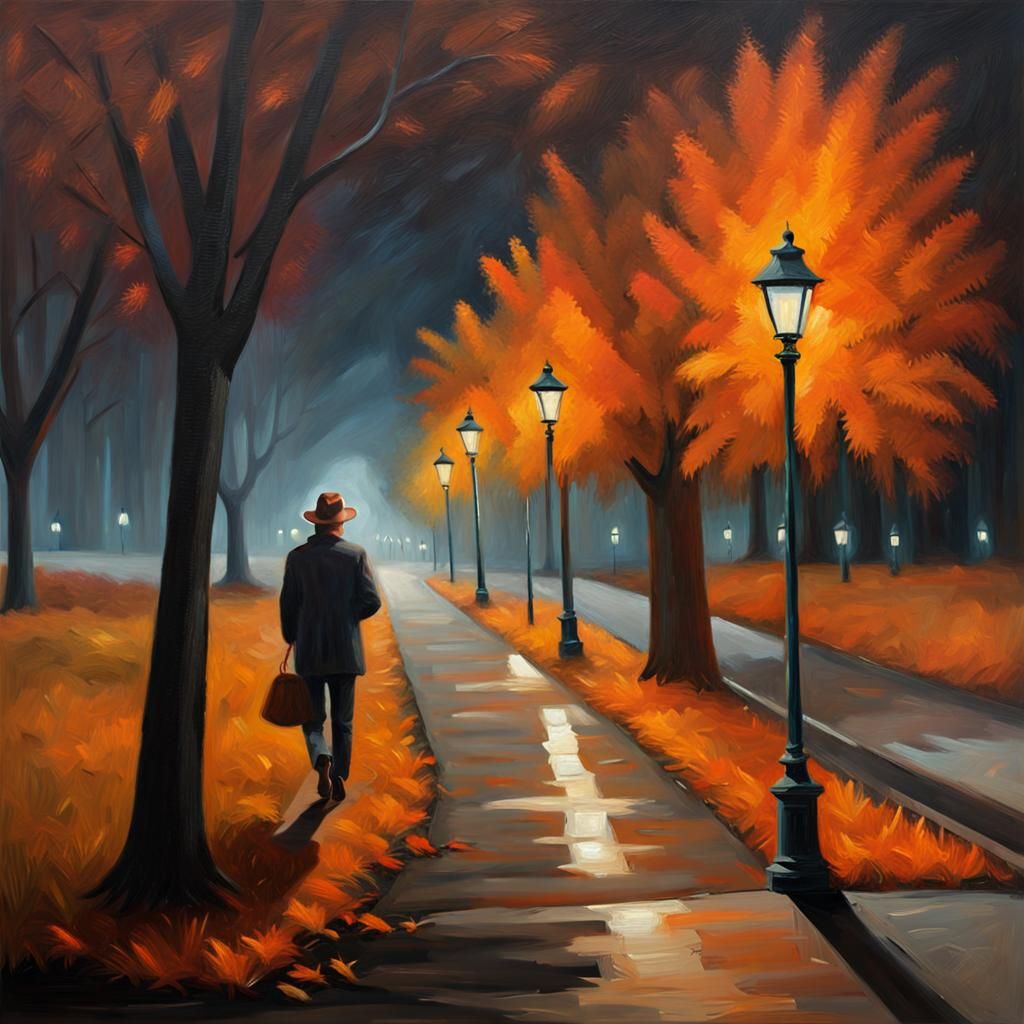 Melancholy Oil painting of an autumn park with orange grass in the ...