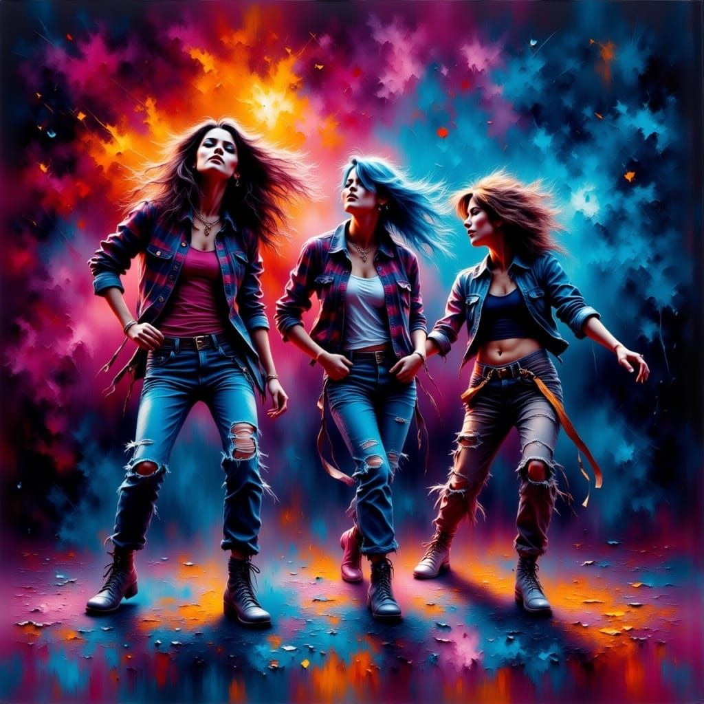 Grunge Dancers in Dark Neon Splendor - AI Art