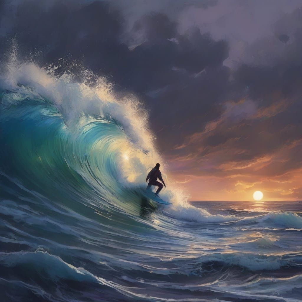 Ethereal Vampire Surfer Rides Sunset Waves in Haun... - AI Art