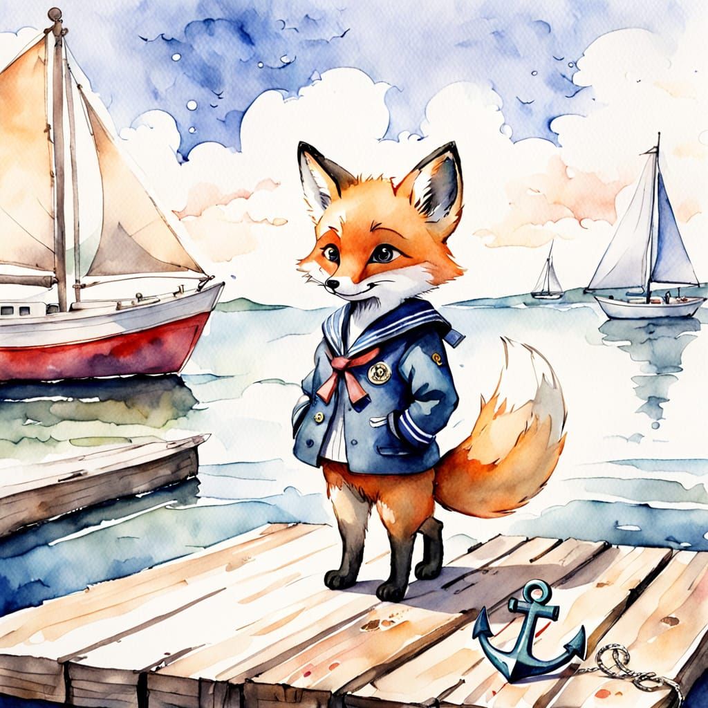 Whimsical Sailor Fox Cub Watercolor Sketch - AI Art