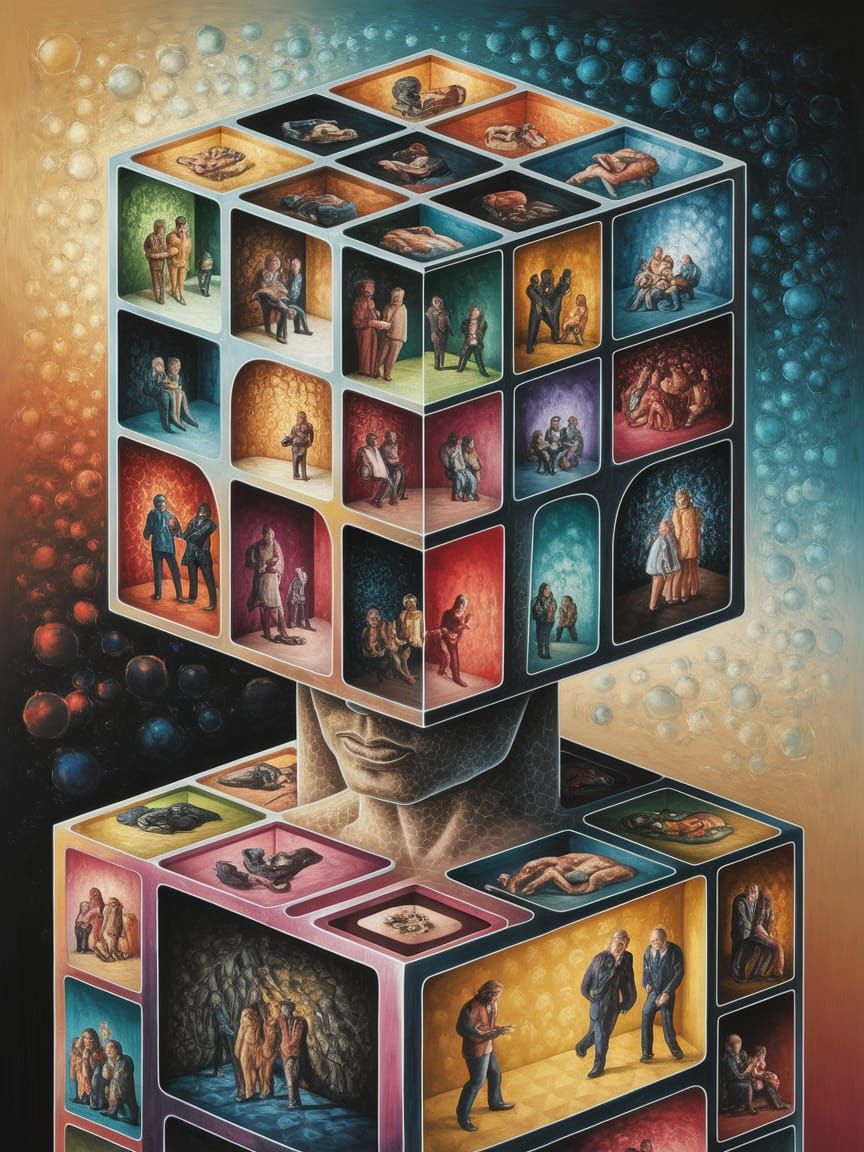 An intricate surrealist painting of a three-dimensional cube figure ...