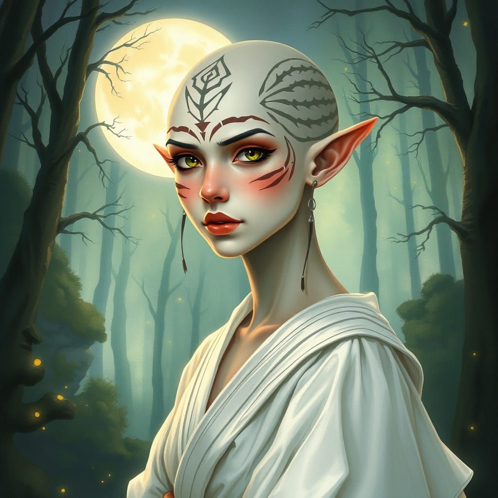 bald half-elf woman - Half-Elf Woman Under Whimsical Moonlit...