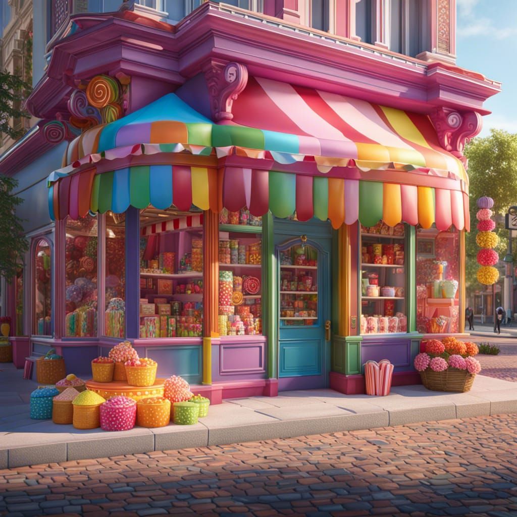 Colorful storefront, Highly Detailed Rendering of colorful candy shop ...