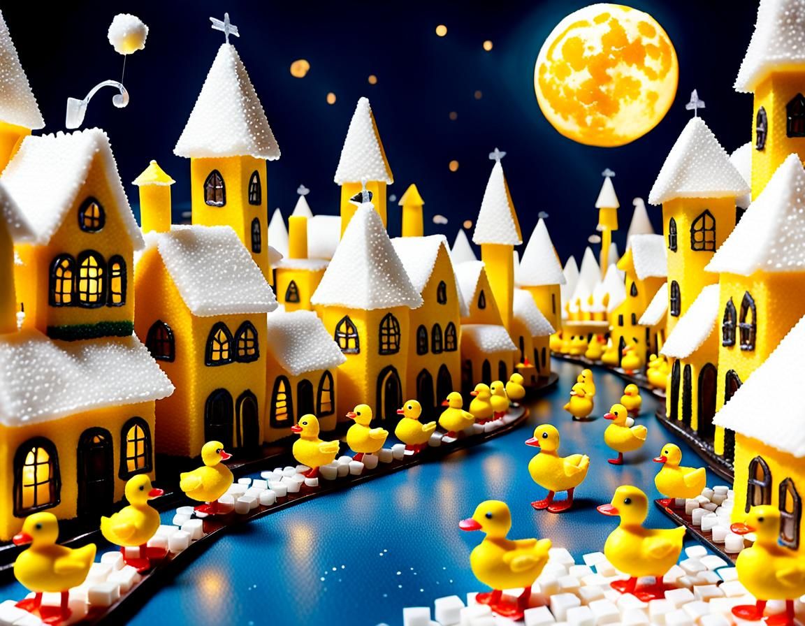 A fantastical yellow duck parade marches through a miniature city built ...
