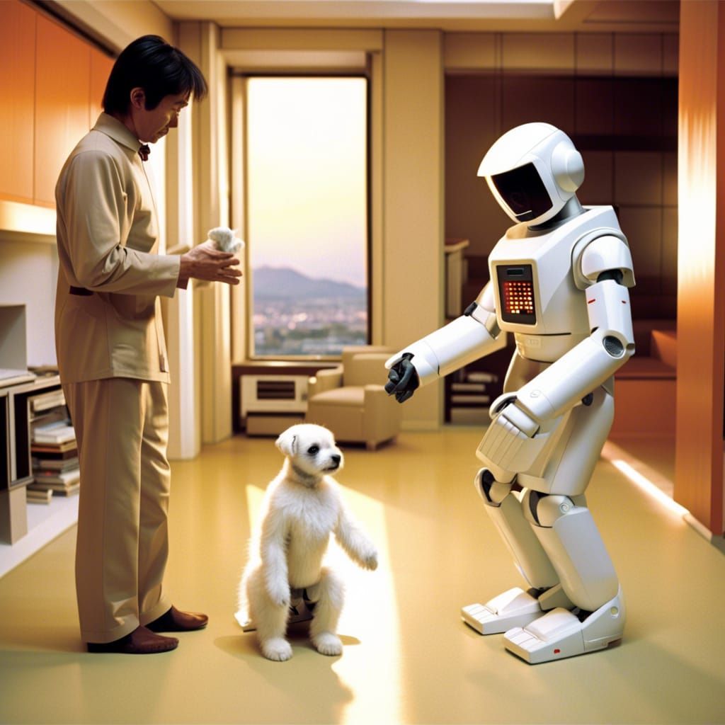 Japanese robot Asimo pets his robo puppy in his 2001 a space odyssey ...