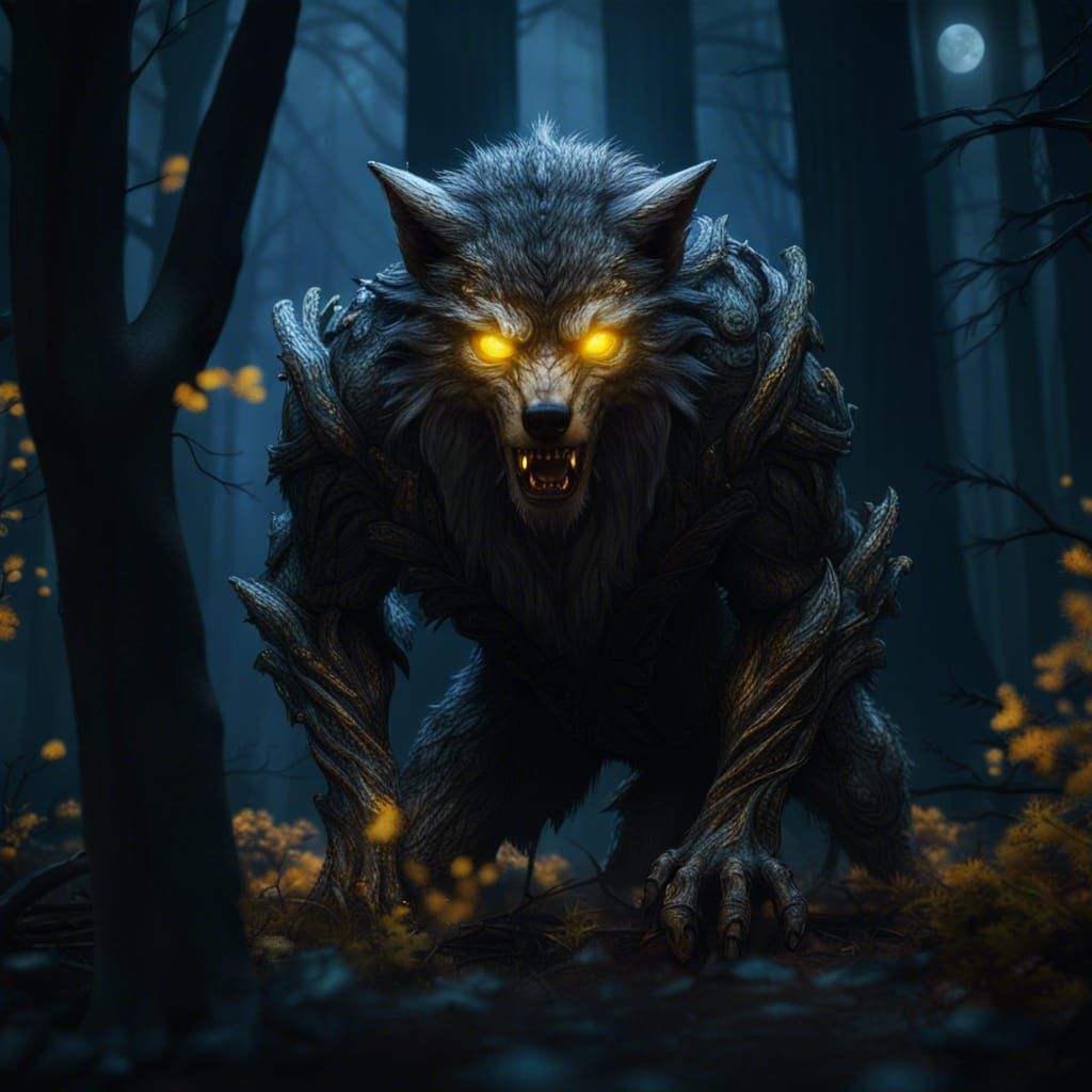 Male Werwolf yellow eyes in a wood at night - AI Generated Artwork ...