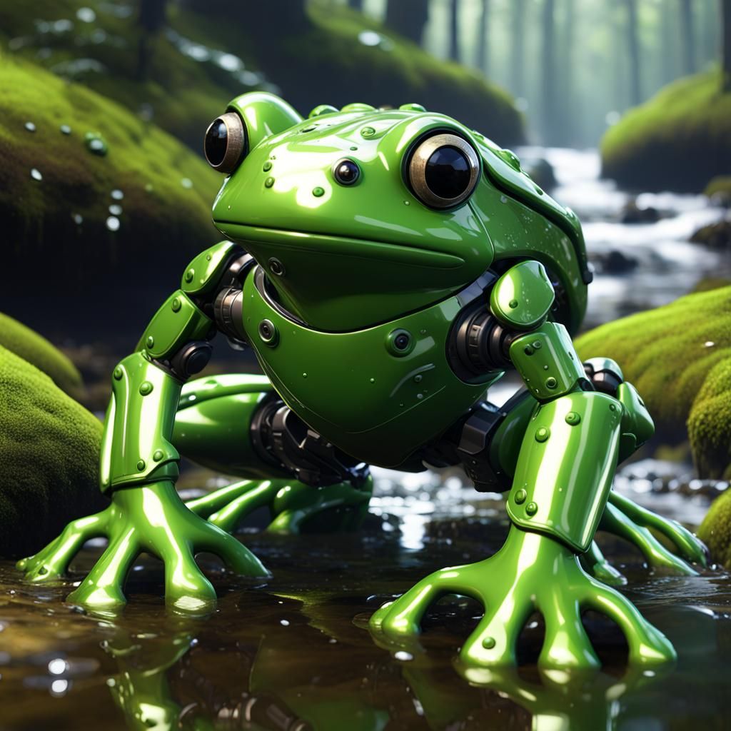 big camouflage shiny glossy plastic robot frog in 3d,forest , ,crystal ...