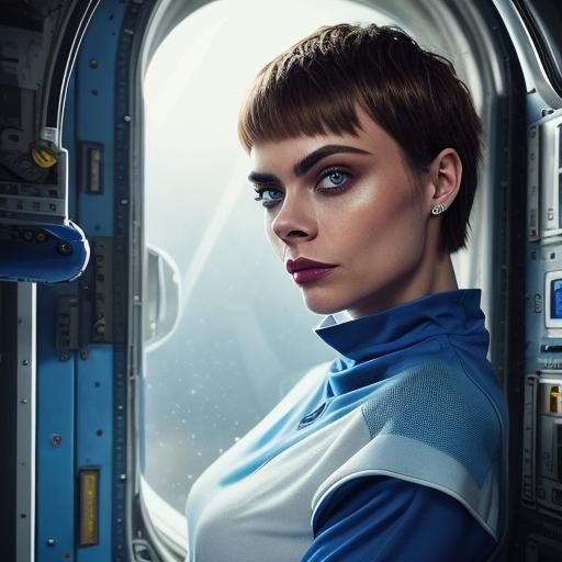 Grainy movie still,35mm,cara delevingne,wearing a pair of blue form-fit ...