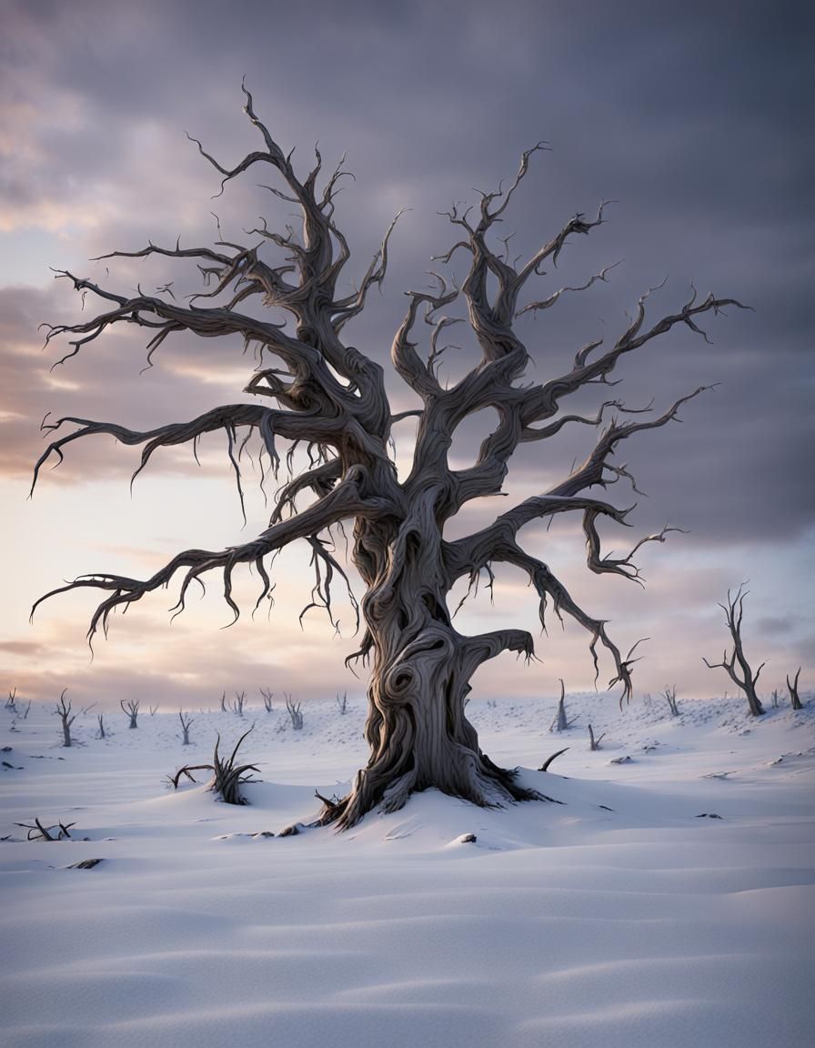 Creepy dead tree on a snow covered plain sinister by Greg Rutkowski ...