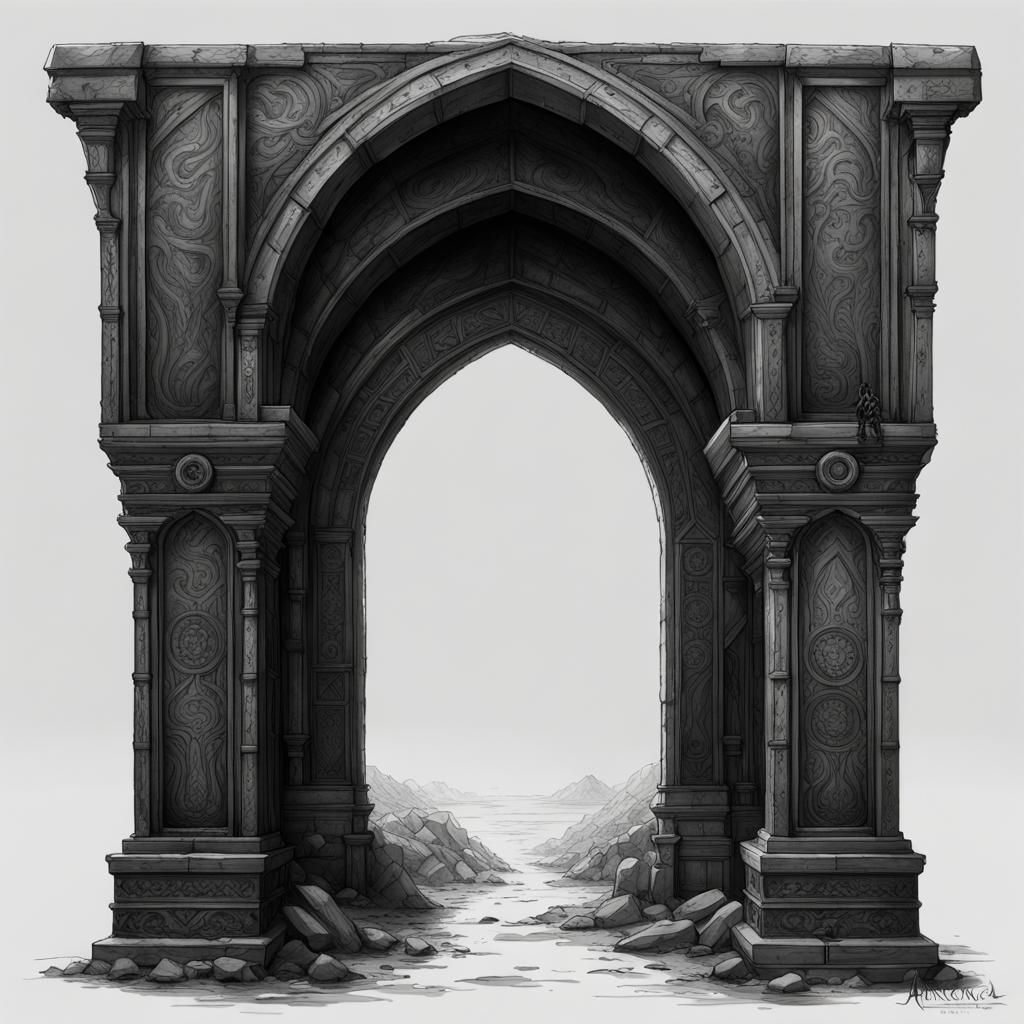 Dark, large archway of dark adamant, partially buried, plain, engraved ...