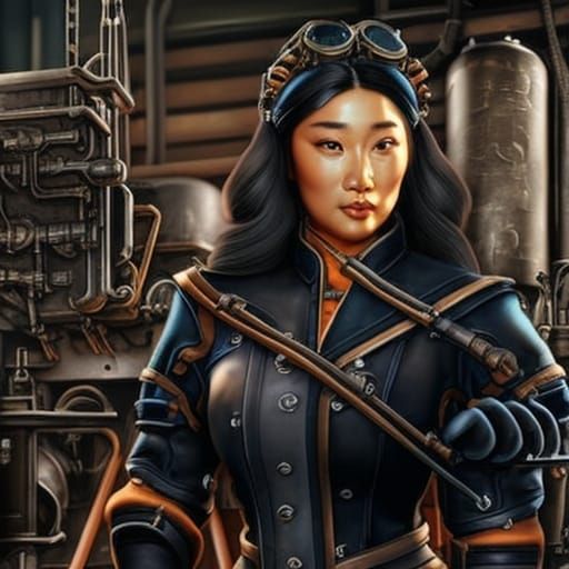 Asian woman Steampunk inventor dressed in overalls in her mechanic’s ...