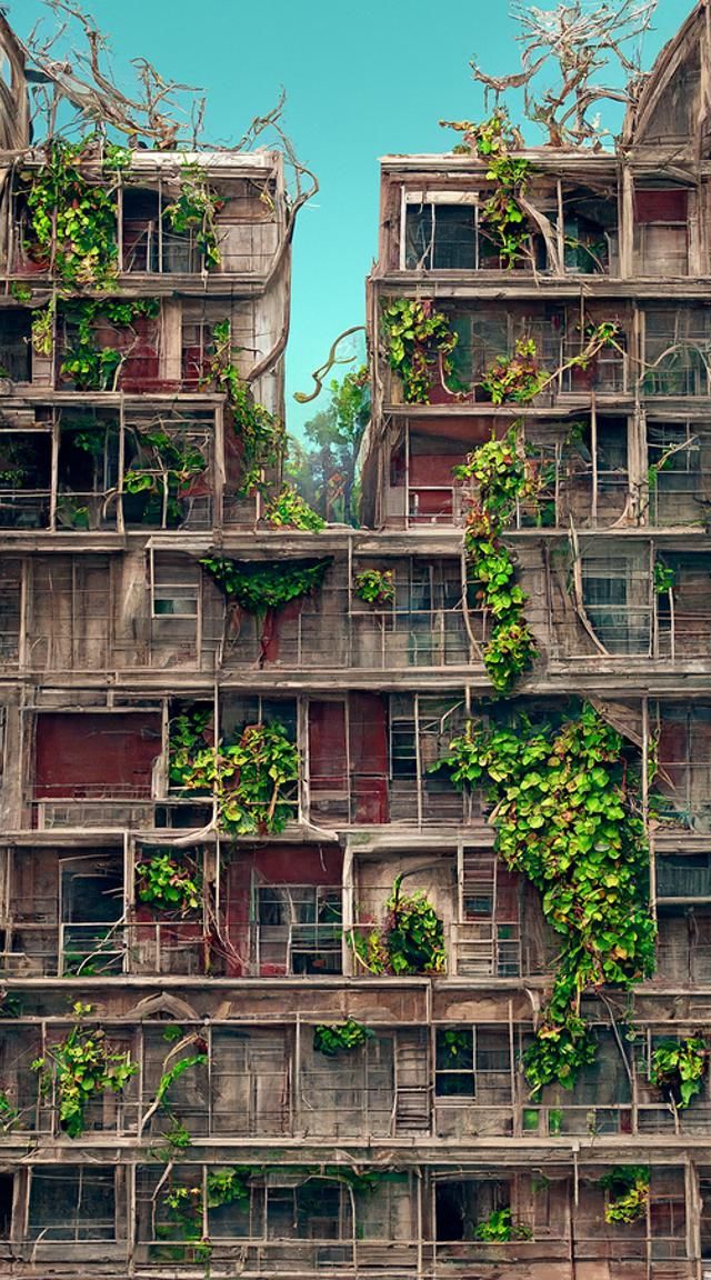 Apartment building with overgrown vines : r/nightcafe