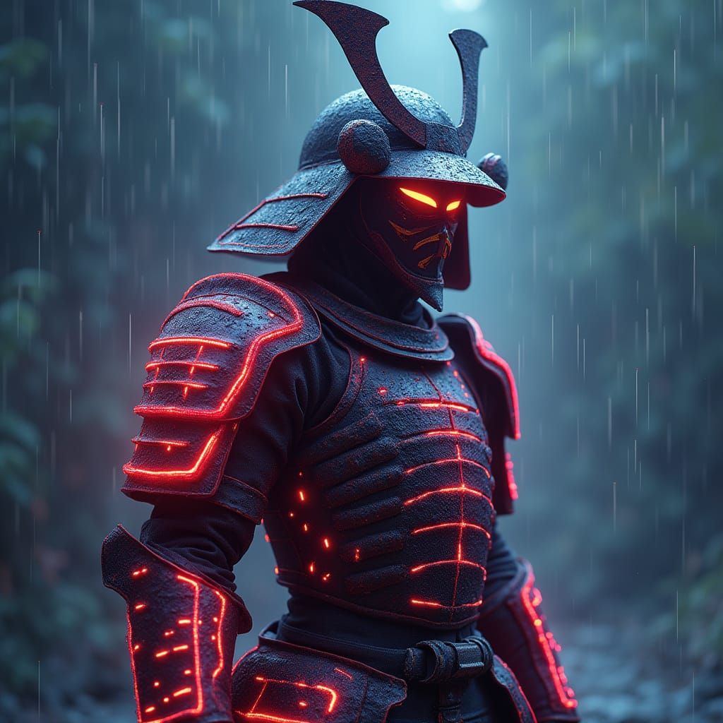 Surreal Futuristic Samurai in Neon Armor Reveals R... - AI Art