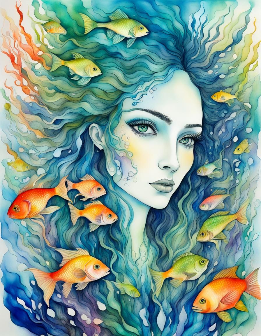 Layered alcohol ink pen drawing, sea dryad of beautiful desire ...