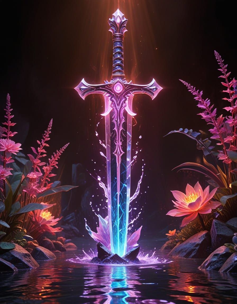 Ethereal Water Sword Radiates Mystical Aura in Wat... - AI Art