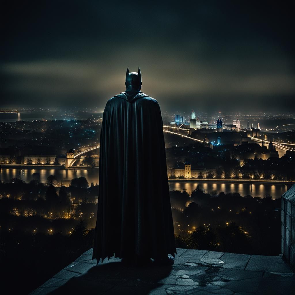 Batman, standing on a rooftop gazing out at a panoramic view of ...