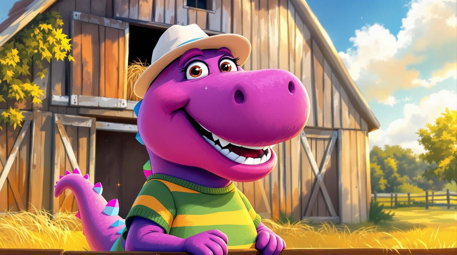 BARNey - Barney the Purple Dinosaur in a Sunny Barnyard Scen...