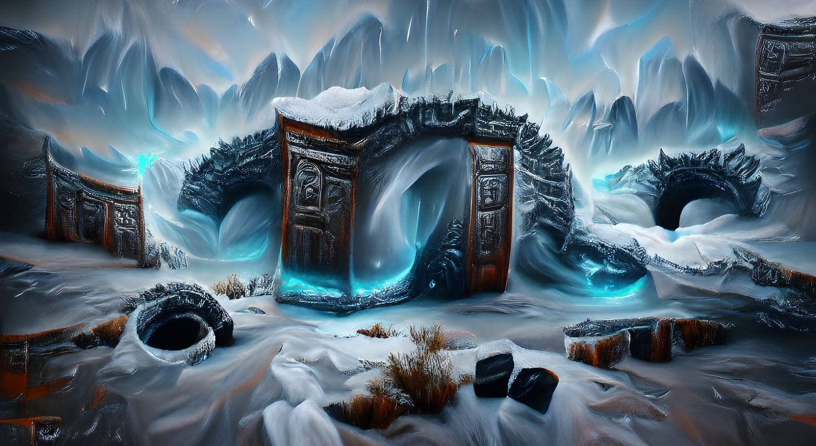 ancient icy portal of black dragon scales in an arctic blizzard 8k ...