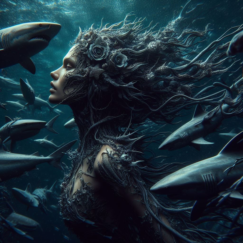 Dark Mermaid with Sharks - AI Generated Artwork - NightCafe Creator