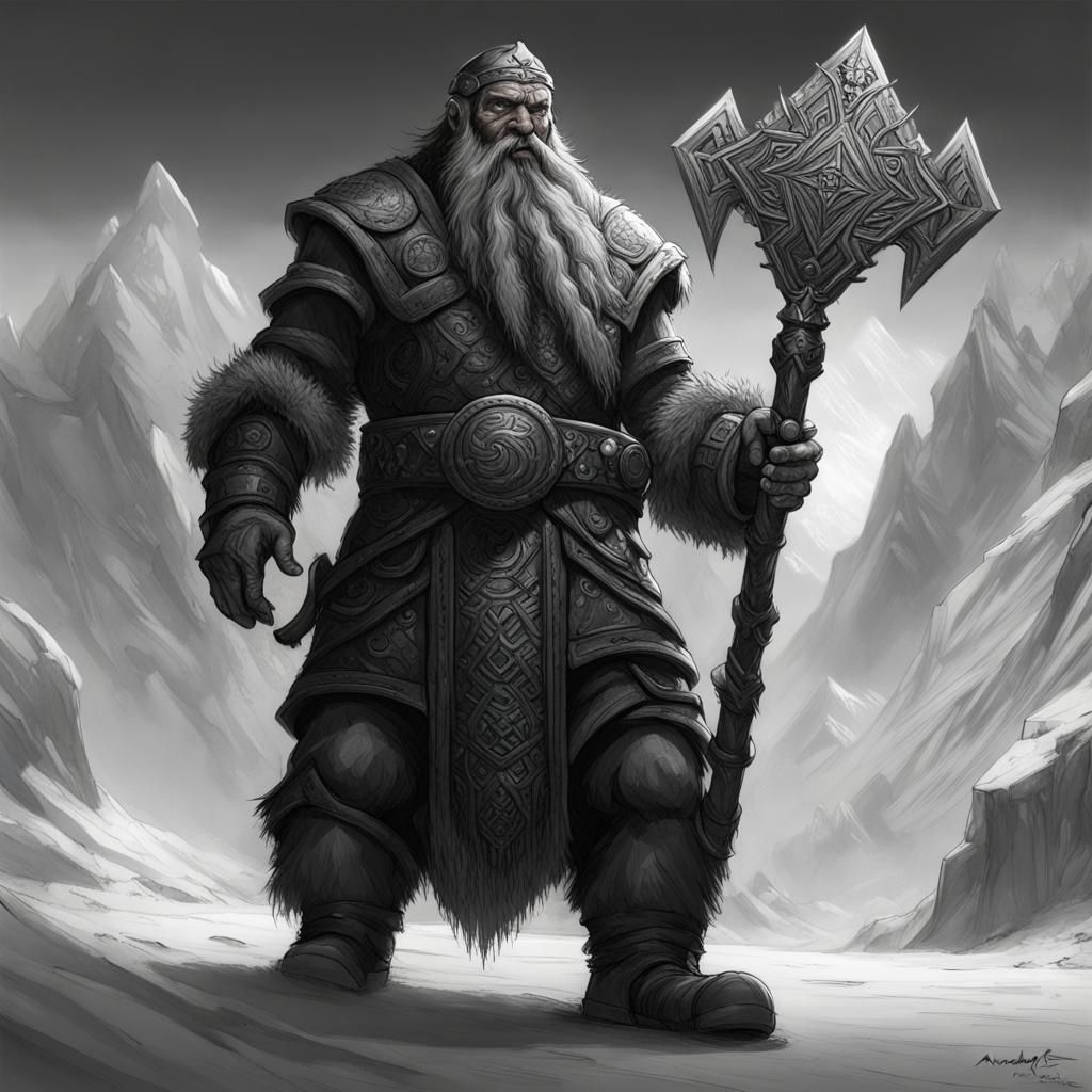 Dark, duel, a dwarf, long beard, facing, ice giant, huge, tundra ...