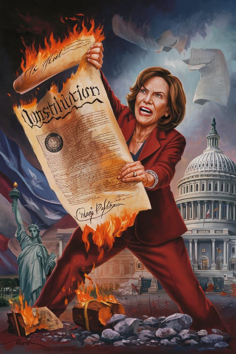 A Scott Lobaido painting of "Nancy Pelosi" ripping apart the "United ...