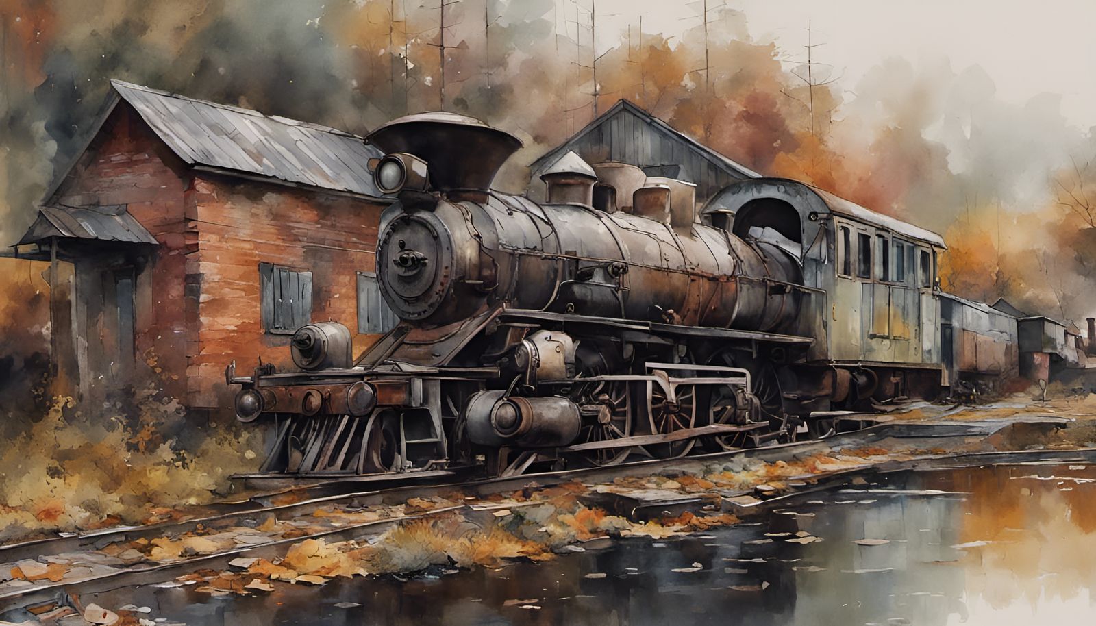 Train scene, yard engine in disuse, watercolor - AI Generated Artwork - NightCafe Creator