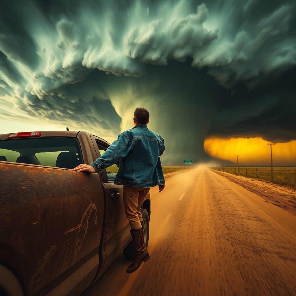 Chasing Supercell - Storm Chaser in a Dark, Gritty Landscape